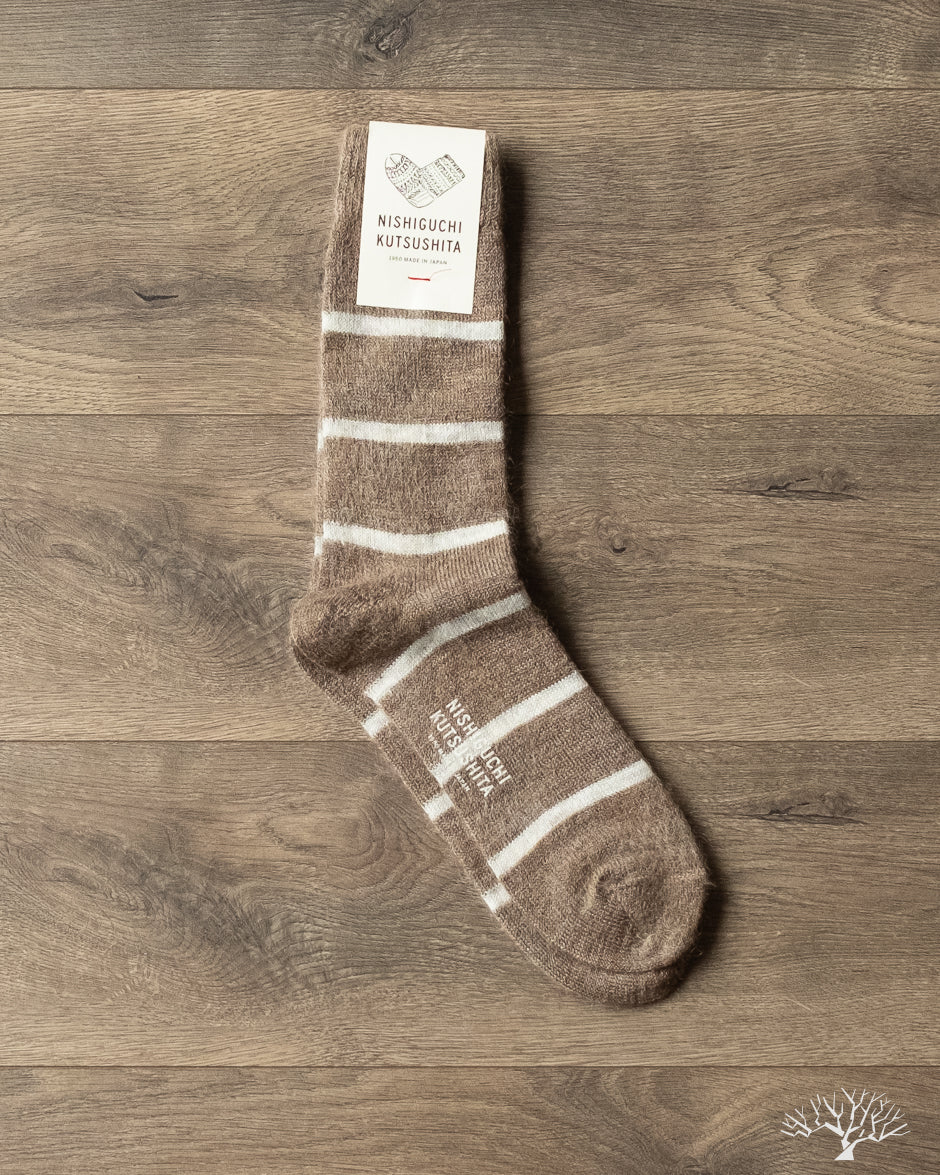 Nishiguchi Kutsushita - Mohair Wool Border Socks - Beige – Withered Fig