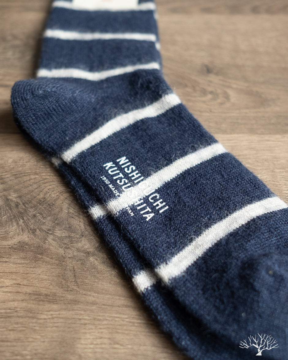 Nishiguchi Kutsushita - Mohair Wool Border Socks - Navy – Withered Fig
