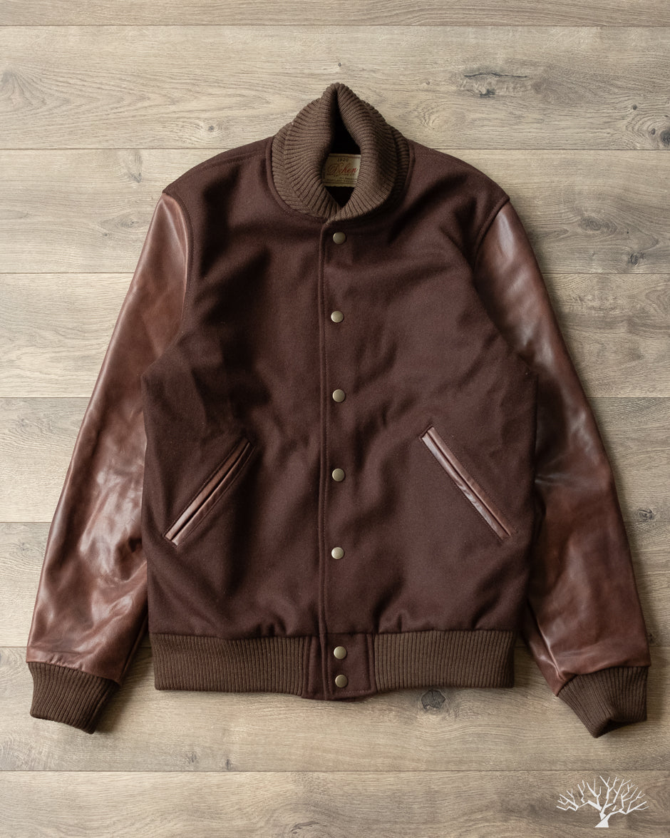 Dehen 1920 - Varsity Jacket - Brown Melton / Antique Brandy Leather ...