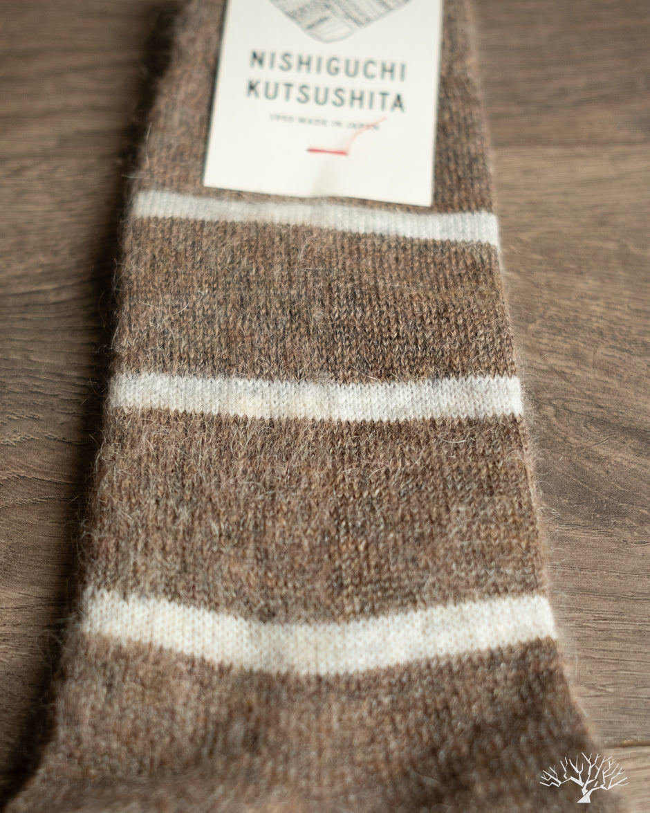 Nishiguchi Kutsushita - Mohair Wool Border Socks - Beige – Withered Fig
